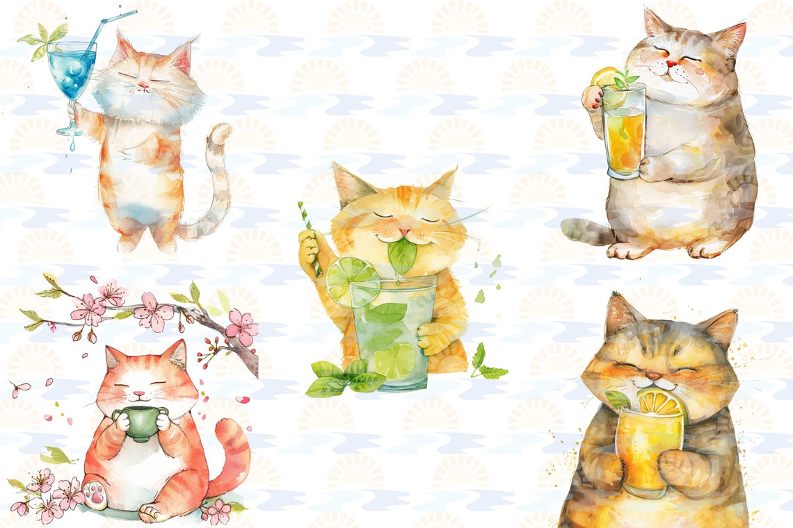 Cartoon Cats With Cocktails Watercolor Fat Cat Drink Clipart Bundle of ...