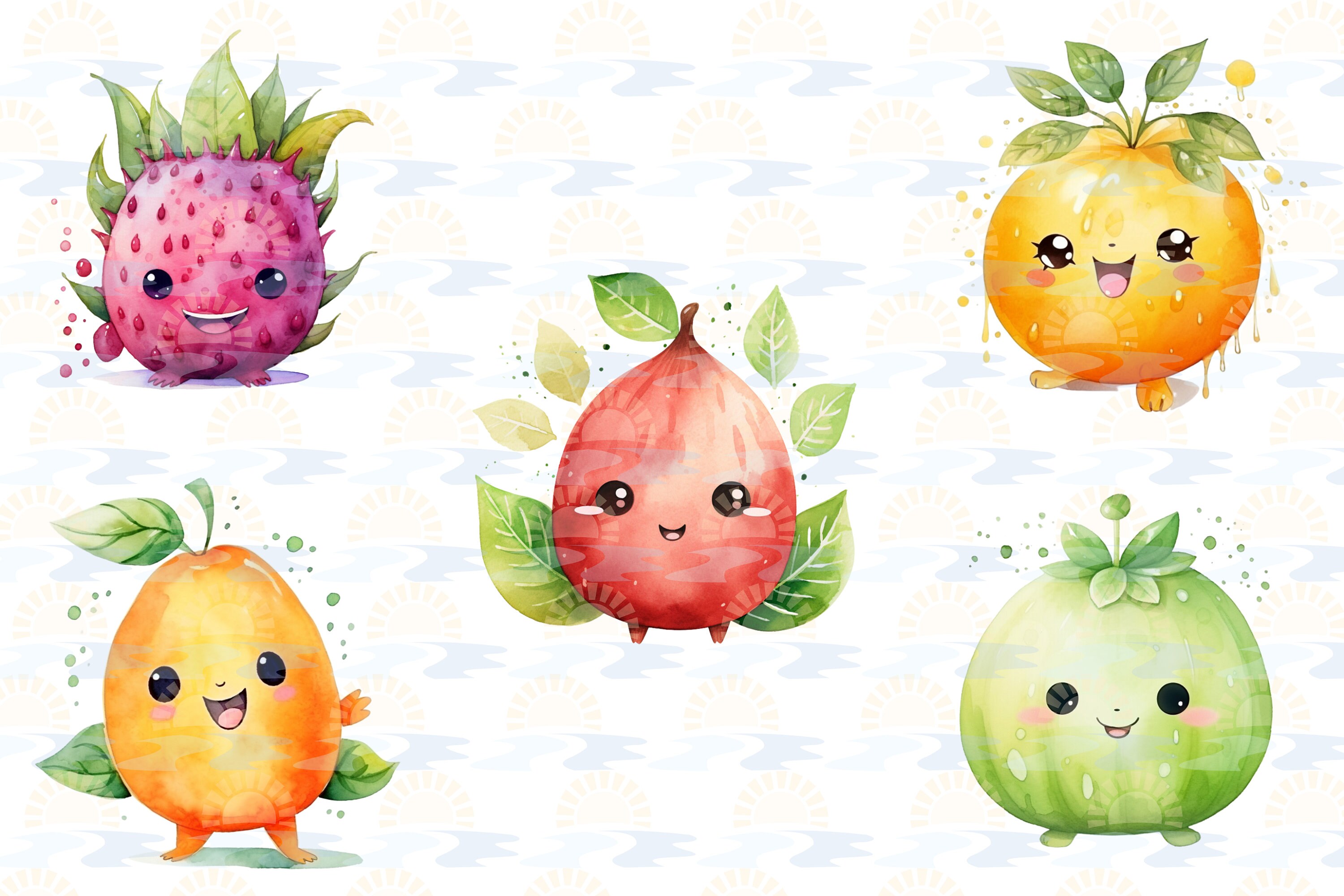 Watercolor Cute Fruit Berries Cartoon Happy Clipart Bundle of 20 ...