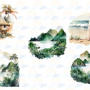 Watercolor Tropical Summer Beach Sunset Landscape Clipart Bundle of 20 ...