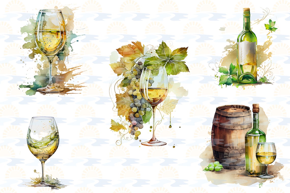 Watercolor White Wine Clipart Bundle of 20 - Transparent Background ...