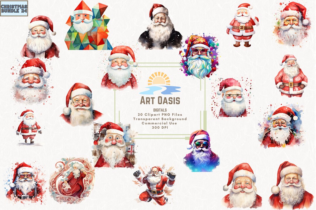 Watercolor Santa Claus Christmas Winter Holiday Clipart Bundle of 20 ...