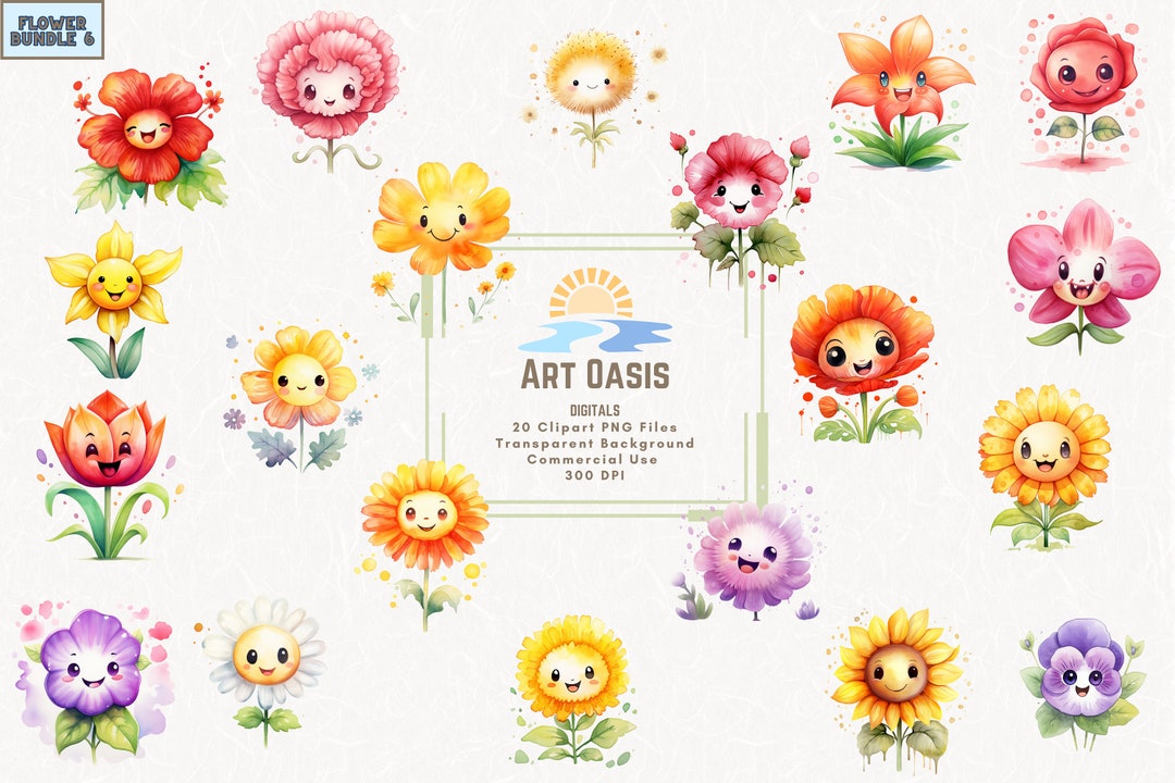 Watercolor Cute Colorful Cartoon Flowers Floral Clipart Bundle of 20 ...