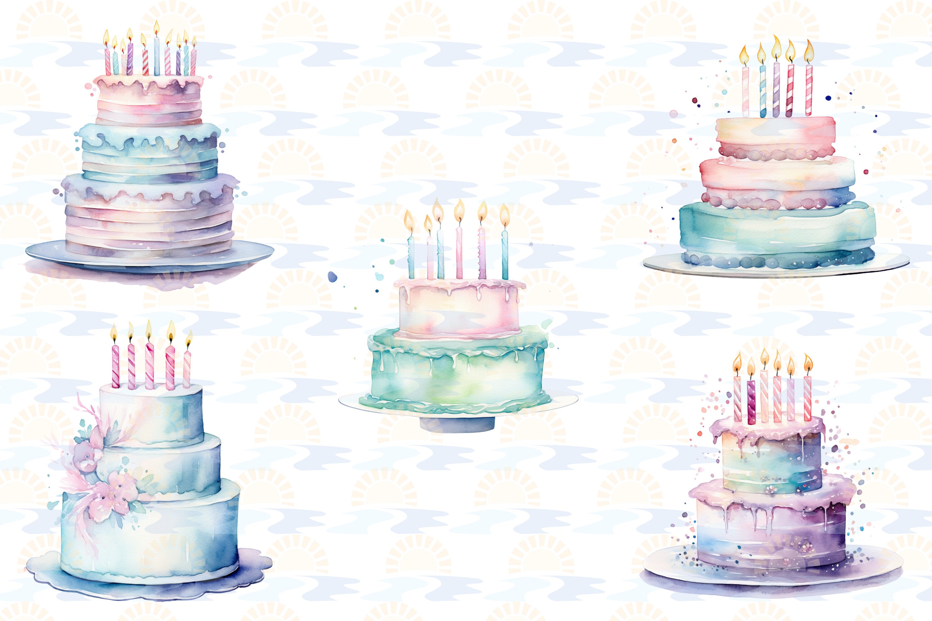Watercolor Pastel Birthday Cakes Colorful Party Clipart Bundle of 20 ...