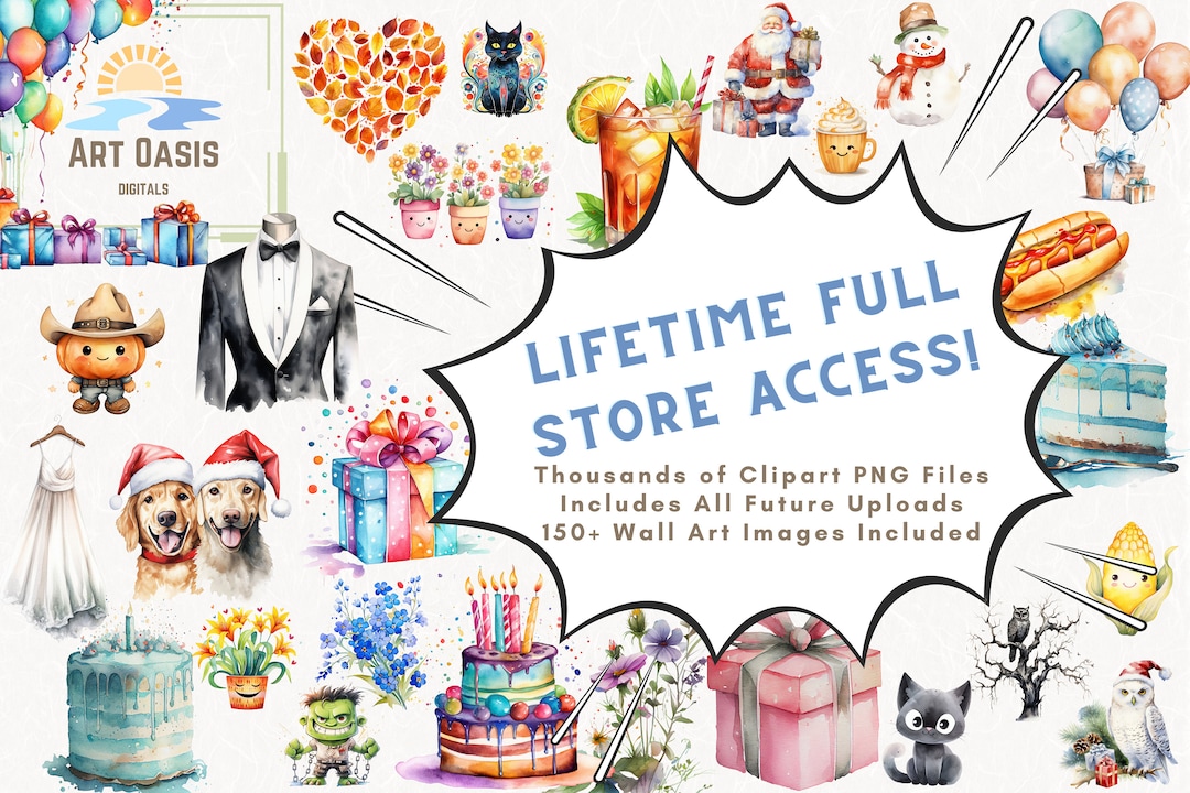 Watercolor Clipart Bundles Lifetime Full Store Access Bonus Wall Art ...