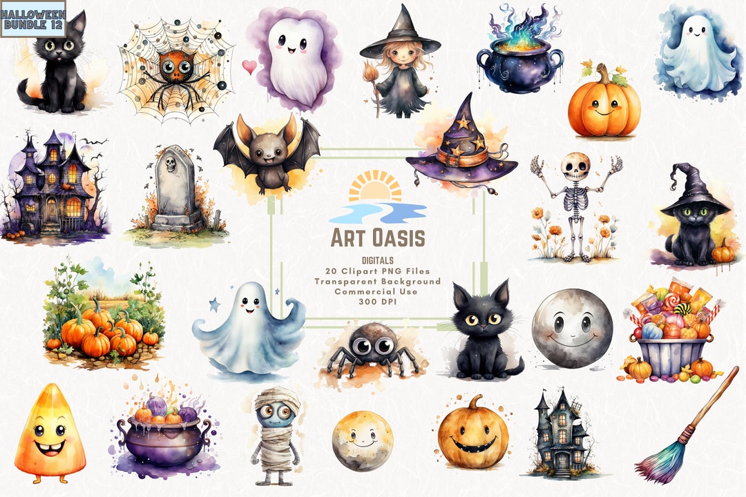 Watercolor Halloween Cute Cartoon Ghost Bat Clipart Bundle of 20 ...