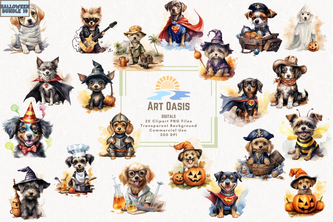 Watercolor Halloween Dogs Costumes Cute Witch Clipart Bundle of 20 ...