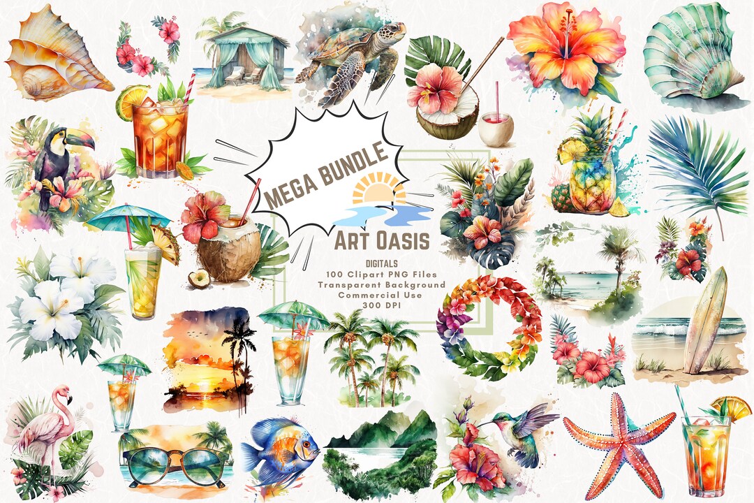 Watercolor Tropical Beach Summer Flower Clipart Mega Bundle of 100 ...
