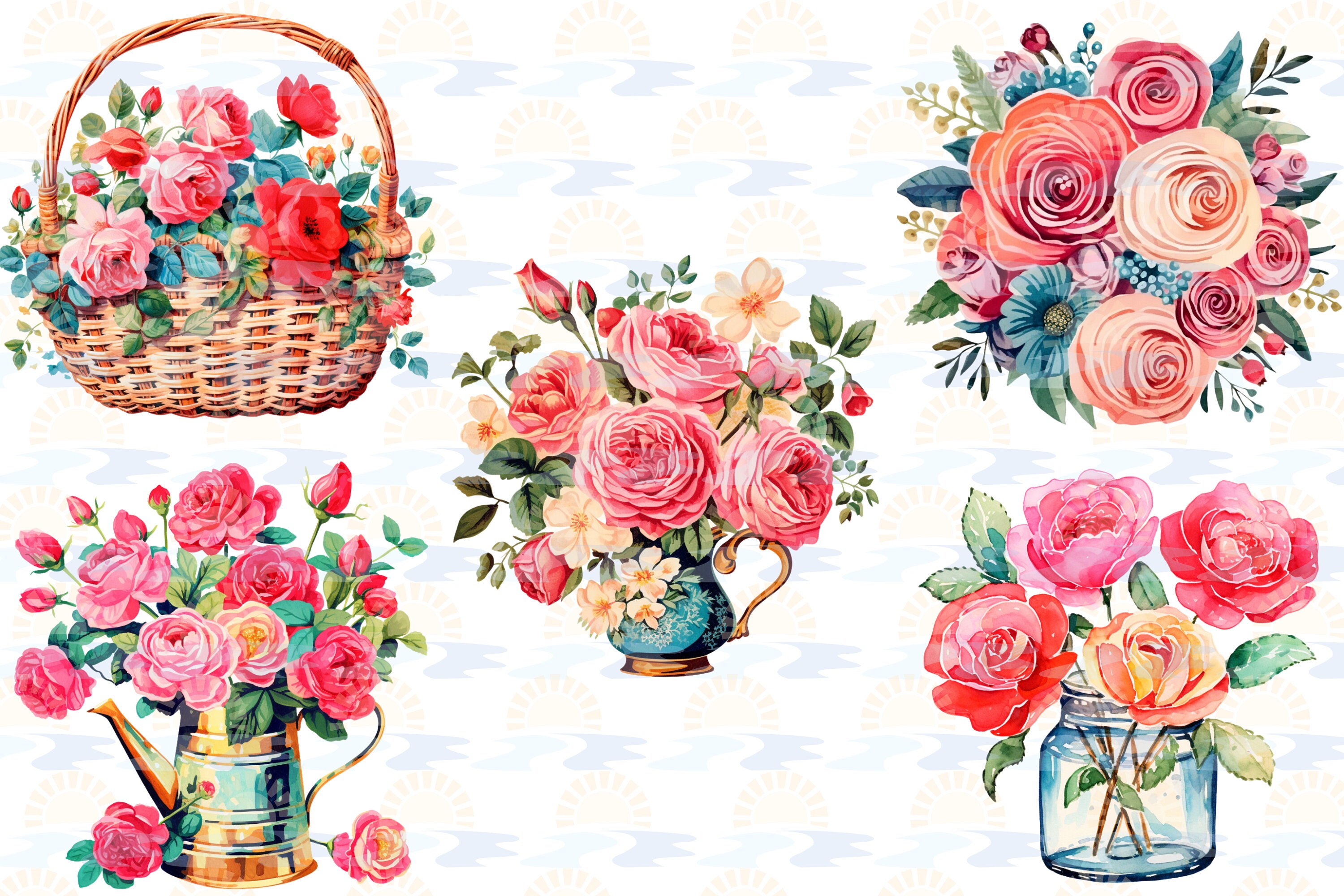 Rose Flower Clipart Bundle: Watercolor PNG, June Birthmonth (digital ...