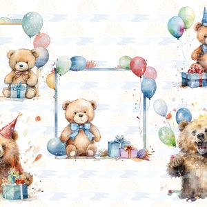 Watercolor Teddy Bear Birthday Party Cake Balloon Clipart Bundle of 20 ...