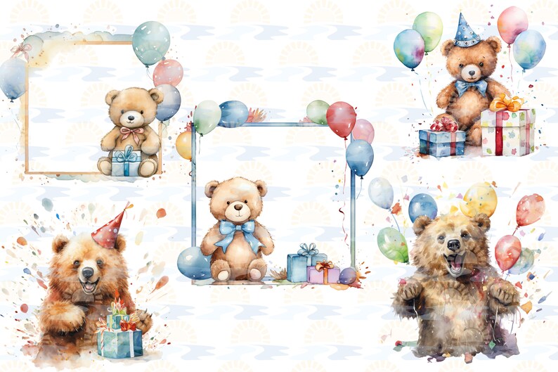 Watercolor Teddy Bear Birthday Party Cake Balloon Clipart Bundle of 20 ...