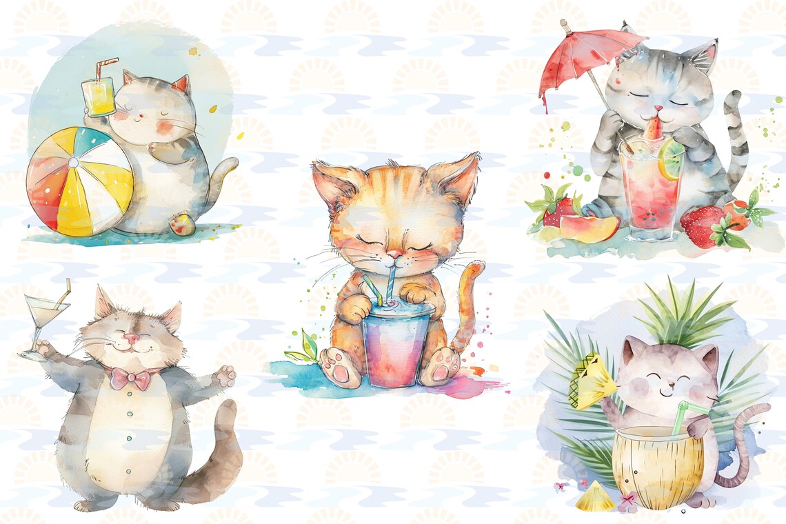 Cartoon Cats With Cocktails Watercolor Fat Cat Drink Clipart Bundle of ...