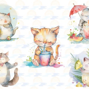 Cartoon Cats With Cocktails Watercolor Fat Cat Drink Clipart Bundle of ...