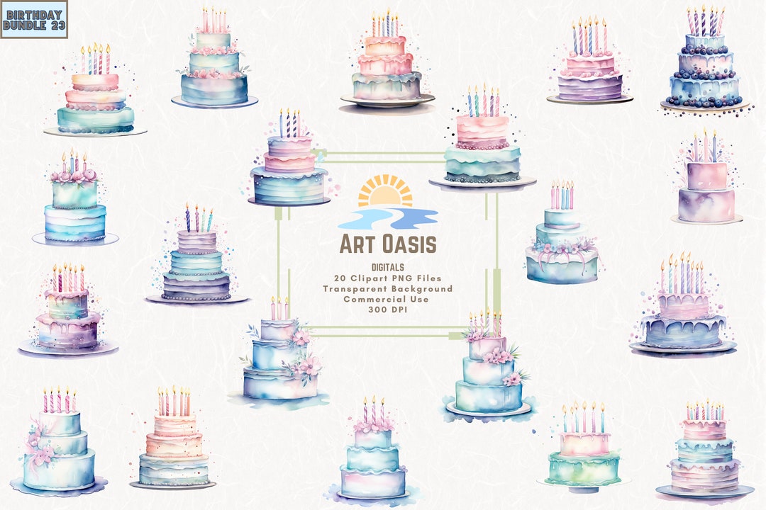 Watercolor Pastel Birthday Cakes Colorful Party Clipart Bundle of 20 ...