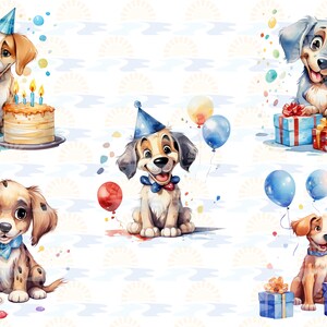 Cartoon Dog Birthday Presents Balloons Watercolor Clipart Bundle of 20 ...