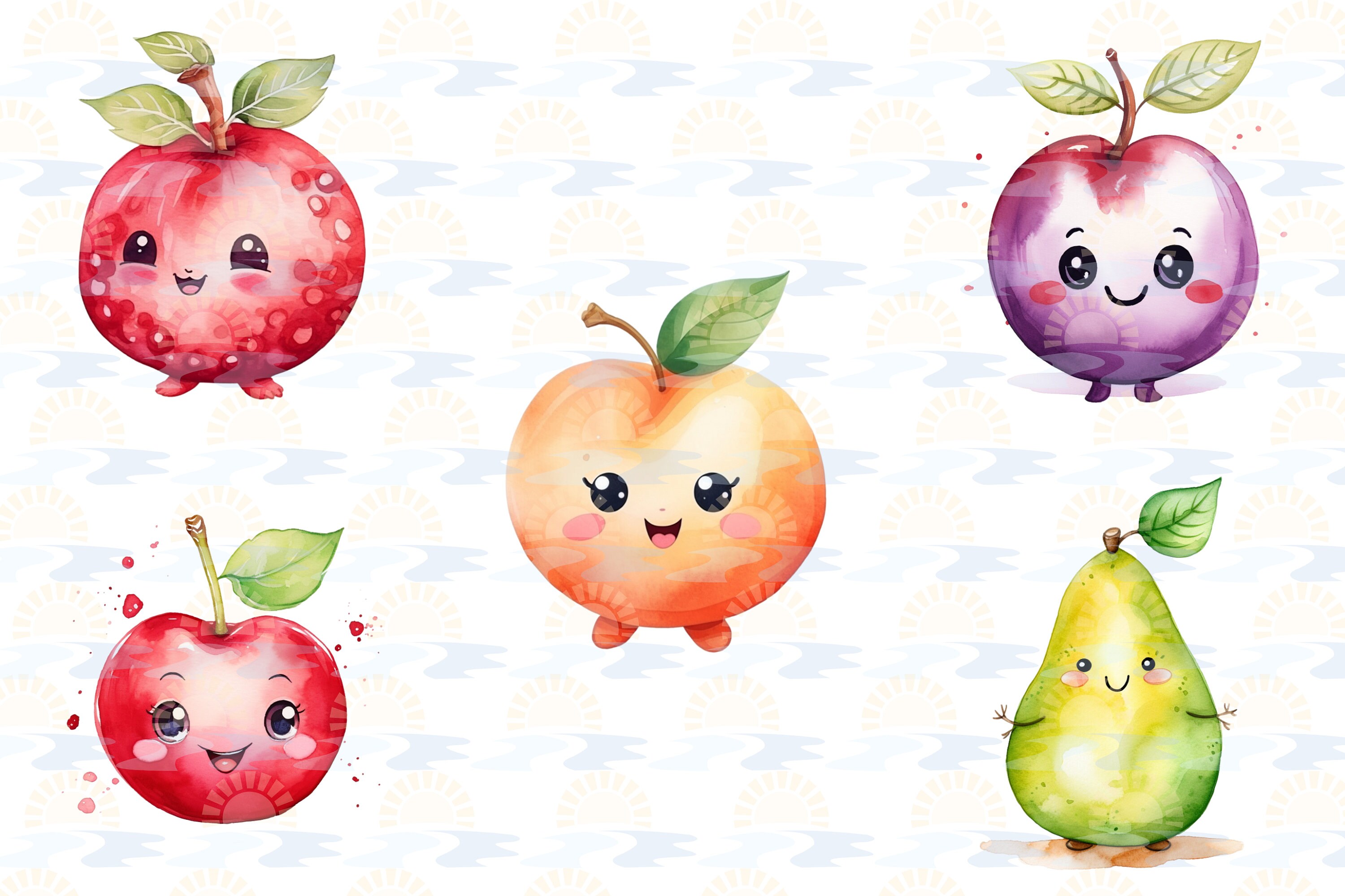 Watercolor Cute Fruit Berries Cartoon Happy Clipart Bundle of 20 ...