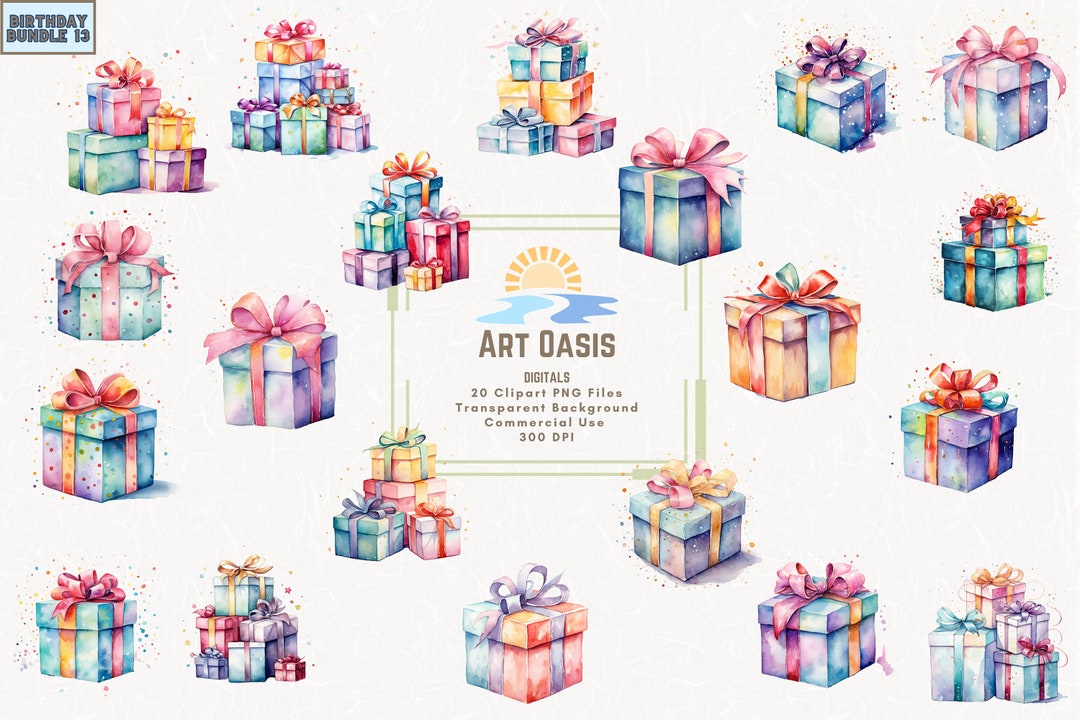 Watercolor Pastel Birthday Presents Colorful Clipart Bundle of 20 ...