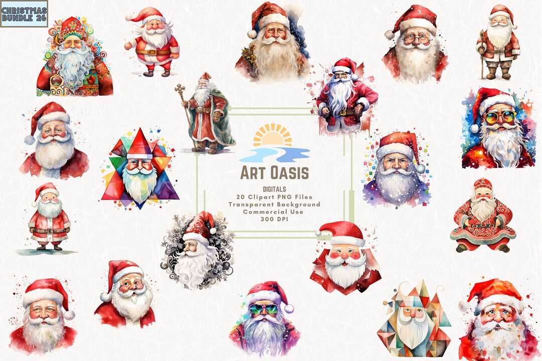 Watercolor Santa Claus Christmas Winter Holiday Clipart Bundle of 20 ...