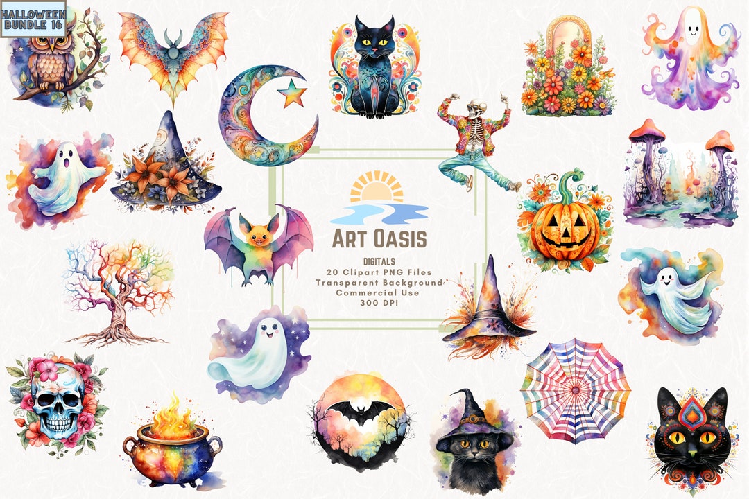 Watercolor Halloween Clipart Bundle – Rainbow Ghosts, Bats (PNG Digital ...