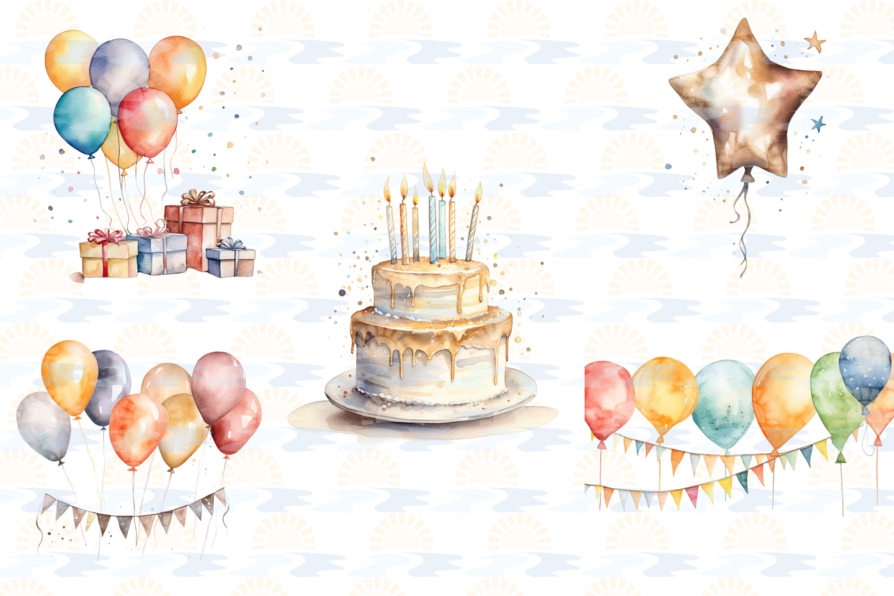 Watercolor Birthday Party Cake Present Balloons Clipart Bundle - Etsy