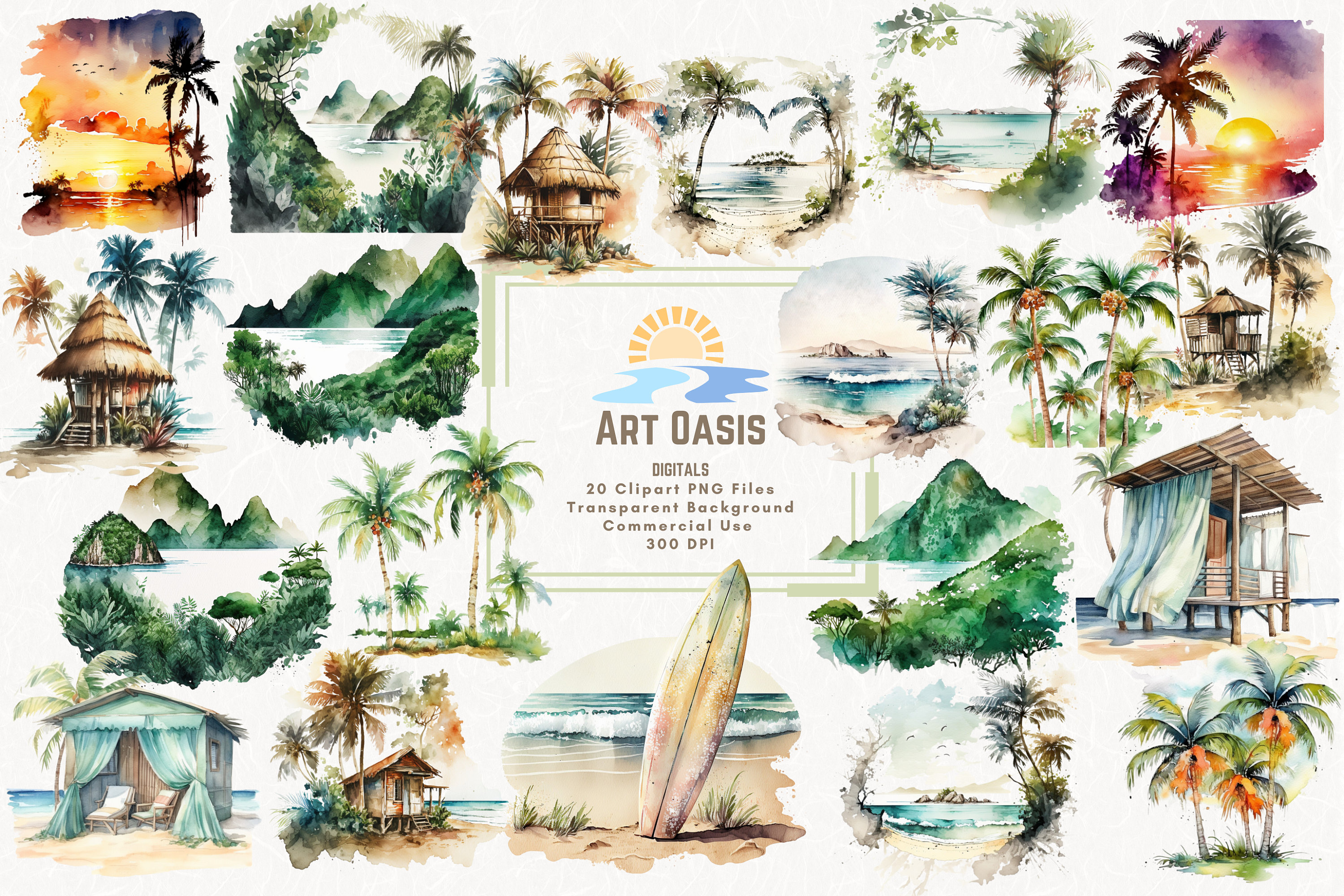 Watercolor Tropical Summer Beach Sunset Landscape Clipart - Etsy