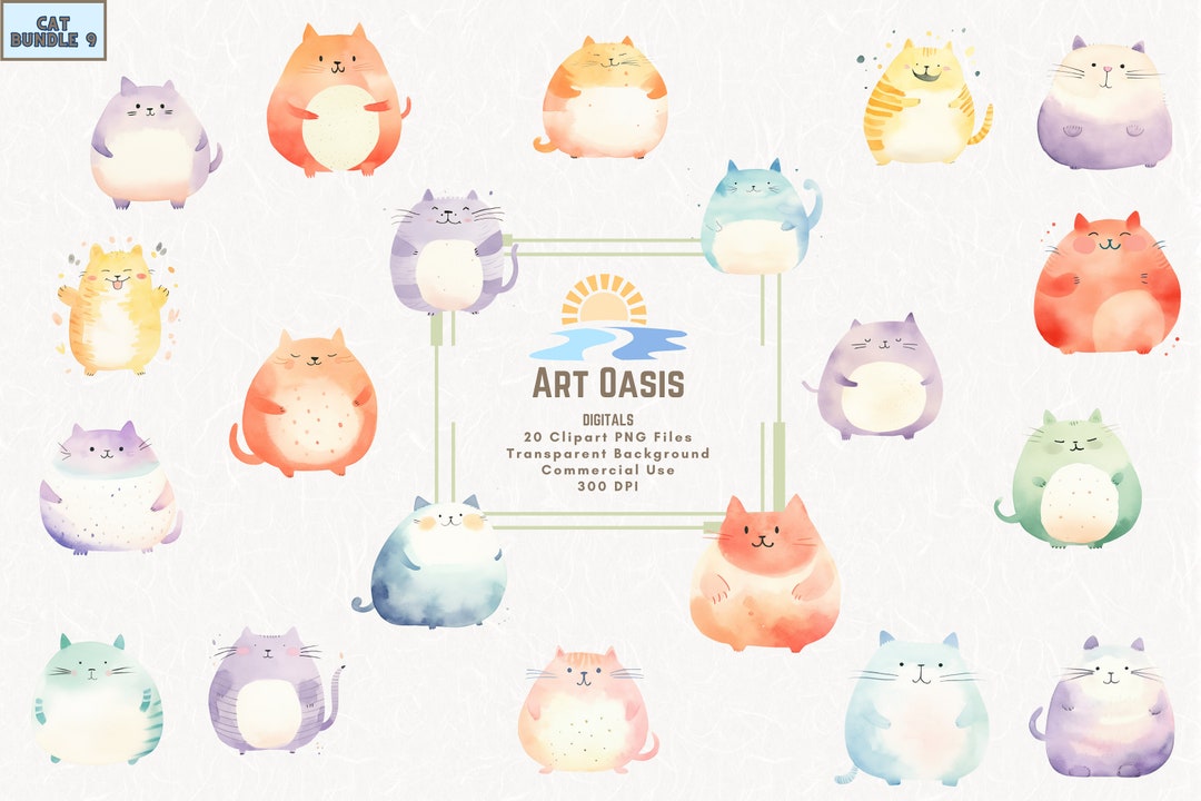 Cartoon Pastel Cats Watercolor Colorful Fat Cat Spring Kawaii Cute ...