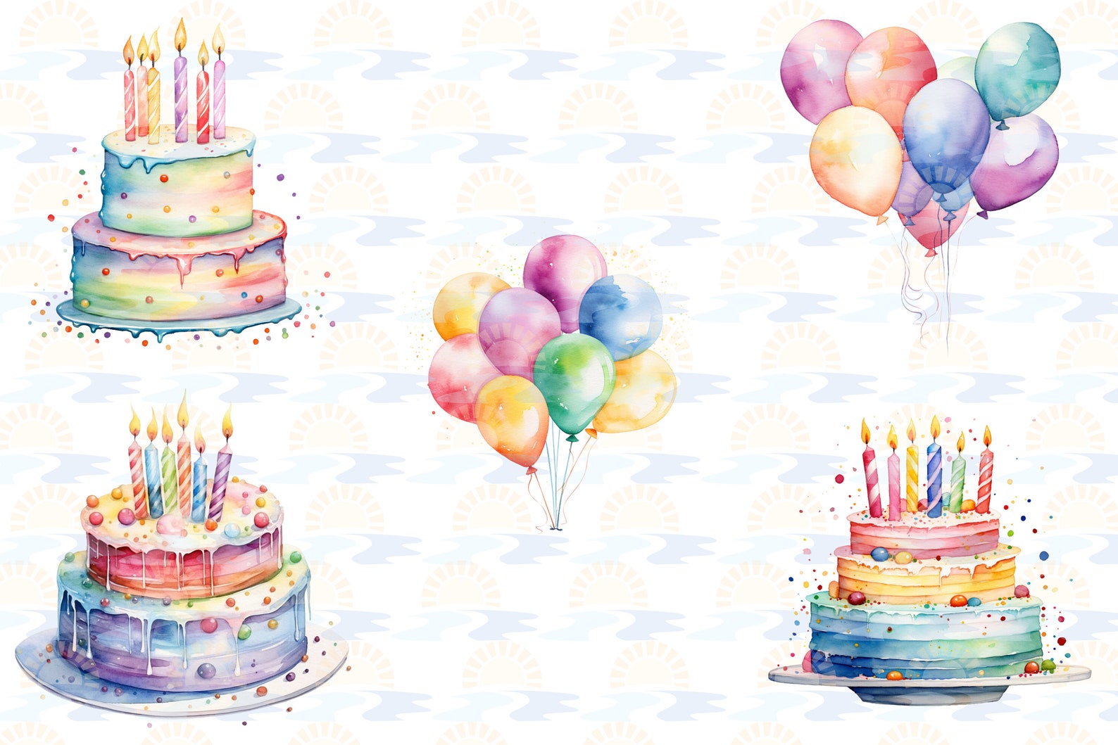 Watercolor Pastel Birthday Party Cake Present Balloons Clipart Bundle ...