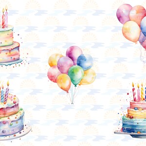 Watercolor Pastel Birthday Party Cake Present Balloons Clipart Bundle ...
