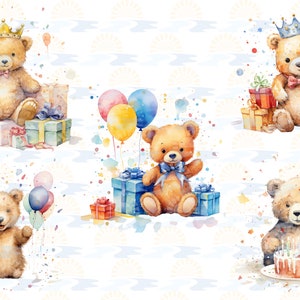 Watercolor Teddy Bear Birthday Party Cake Balloon Clipart Bundle of 20 ...