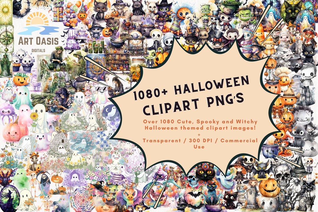 1080+ Halloween Clipart Bundle: Ghost & Flower PNG Stickers (digital ...