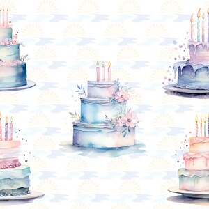 Watercolor Pastel Birthday Cakes Colorful Party Clipart Bundle of 20 ...