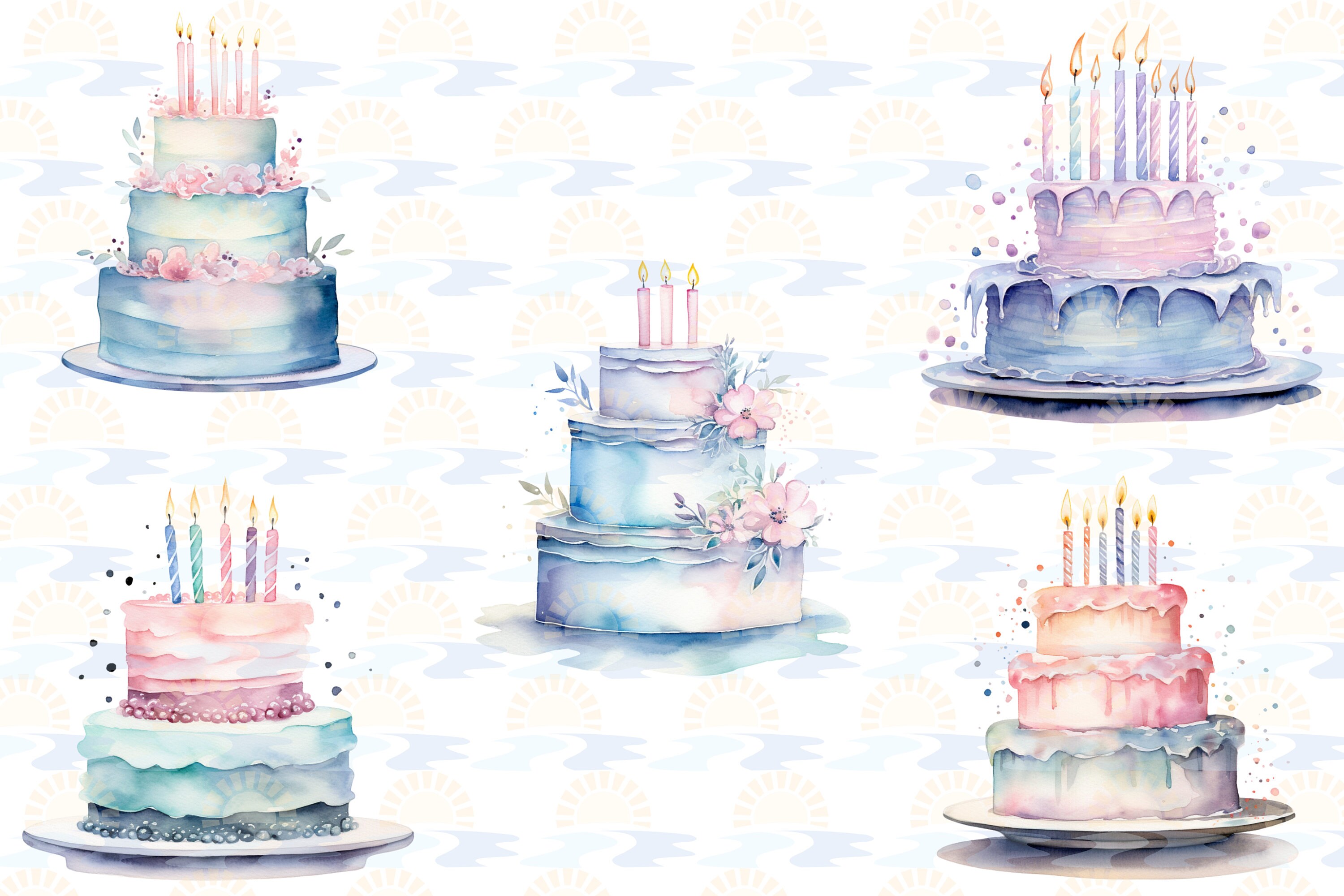 Watercolor Pastel Birthday Cakes Colorful Party Clipart Bundle of 20 ...