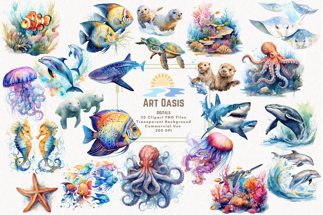 Watercolor Tropical Ocean Sea Life Fish Shark Clipart Bundle of 20 ...