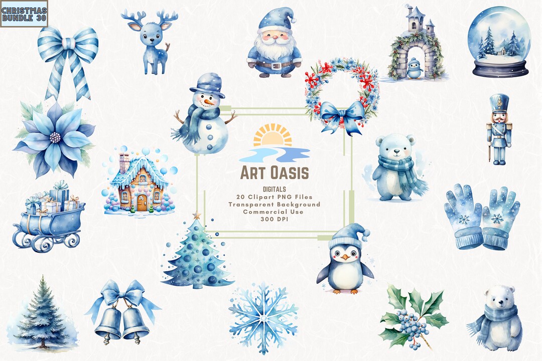 Watercolor Blue Pastel Christmas Winter Holiday Clipart Bundle of 20 ...