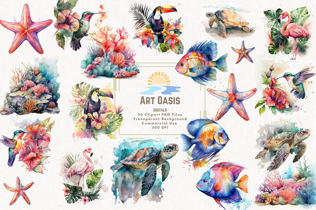 Watercolor Tropical Summer Animals Turtles Birds Clipart Bundle of 20 ...
