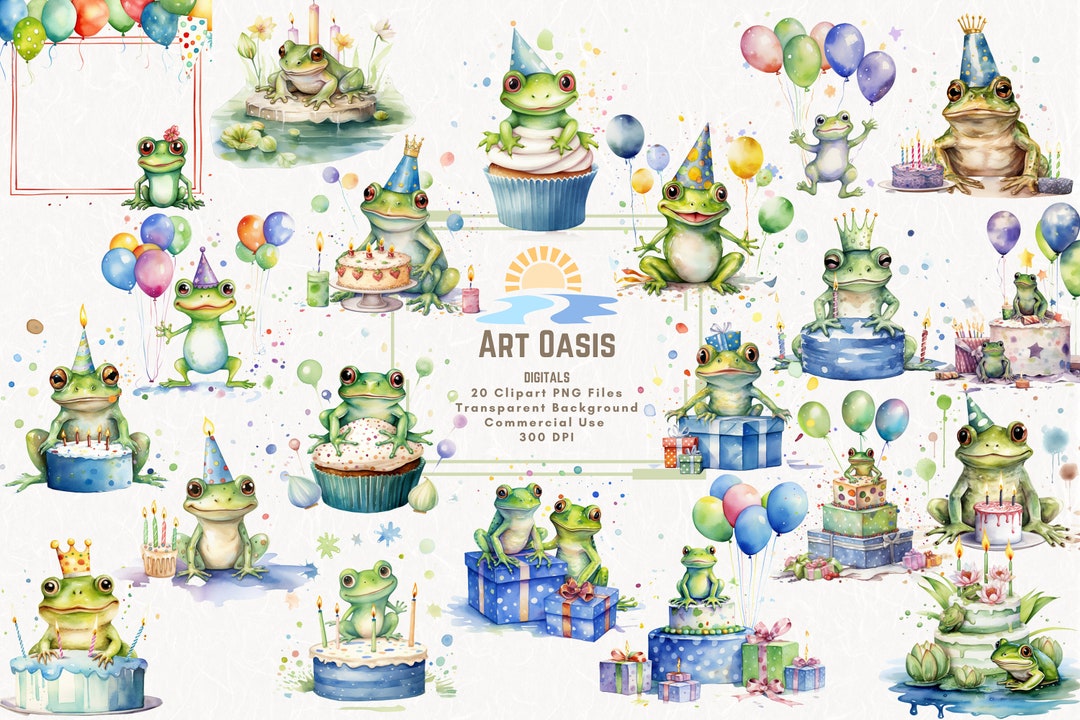 Watercolor Frog Birthday Party Cake Present Balloon Clipart Bundle of ...