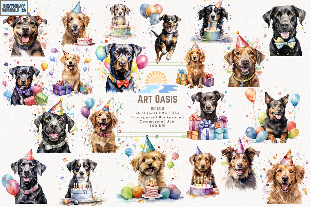 Watercolor Dog Birthday Party Balloon Cake Presents Clipart Bundle of ...