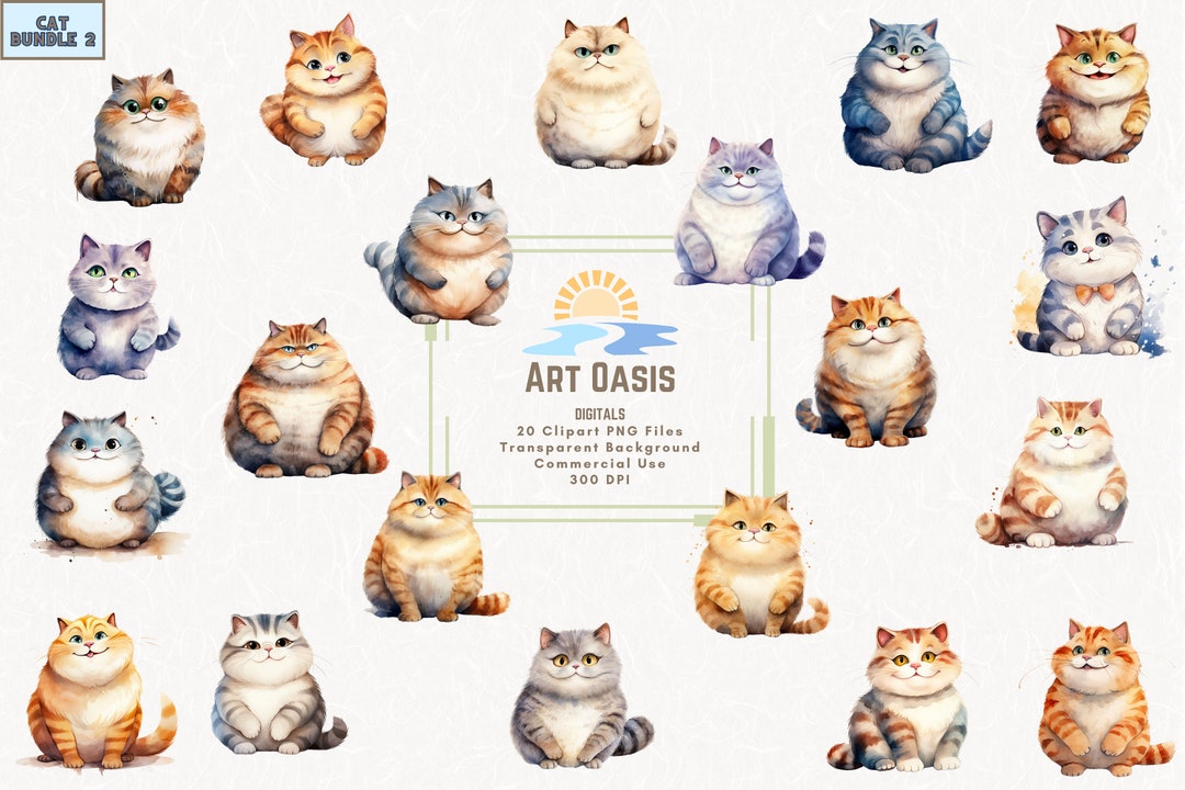 Watercolor Fat Cartoon Cat Lover Cute Clipart Bundle of 20 Transparent ...