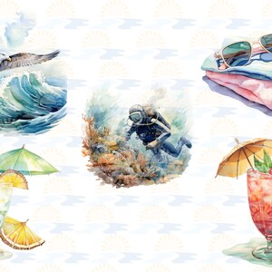 Watercolor Tropical Beach Summer Activities Clipart Bundle of 20 ...