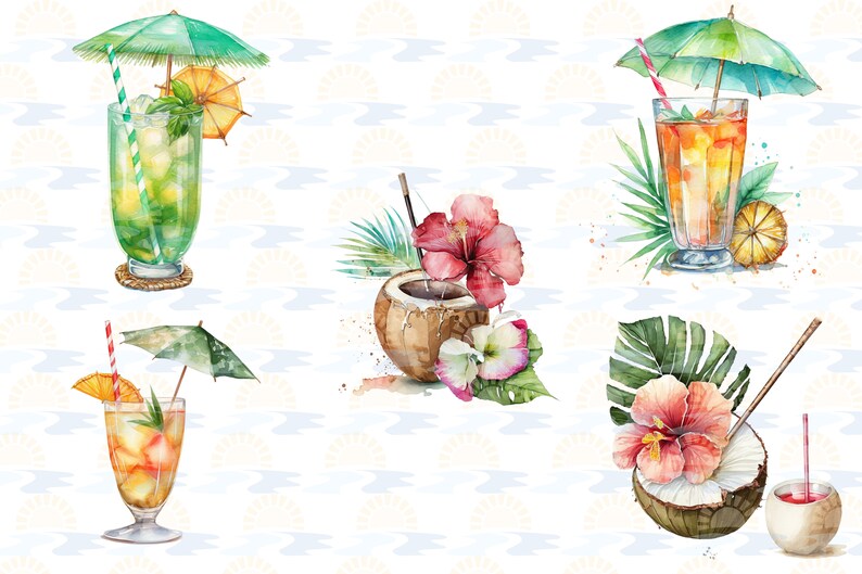 Watercolor Tropical Summer Cocktail Drinks Clipart Bundle of - Etsy