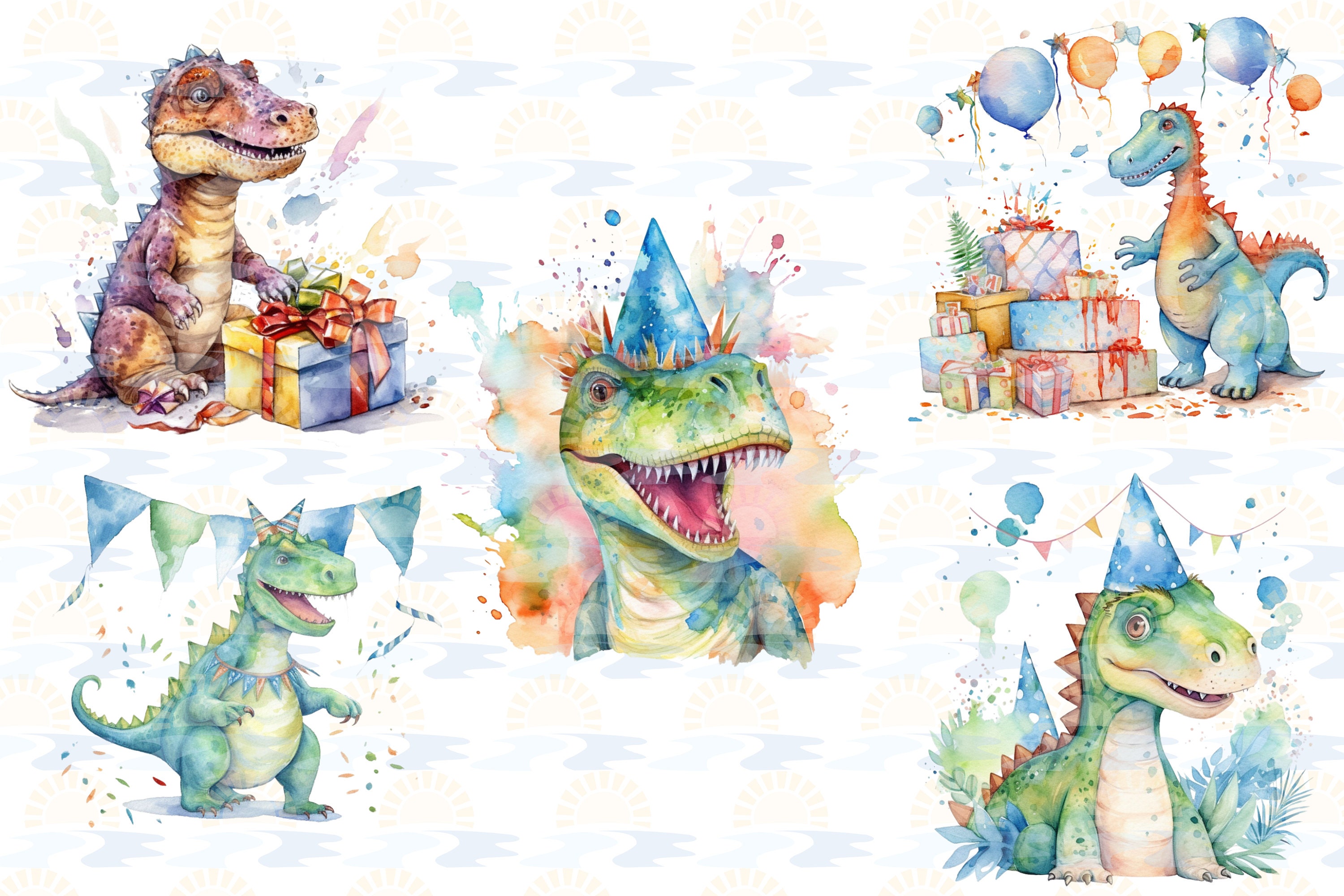 Watercolor Dinosaur Birthday Party Cake Balloon Clipart Bundle of 20 ...