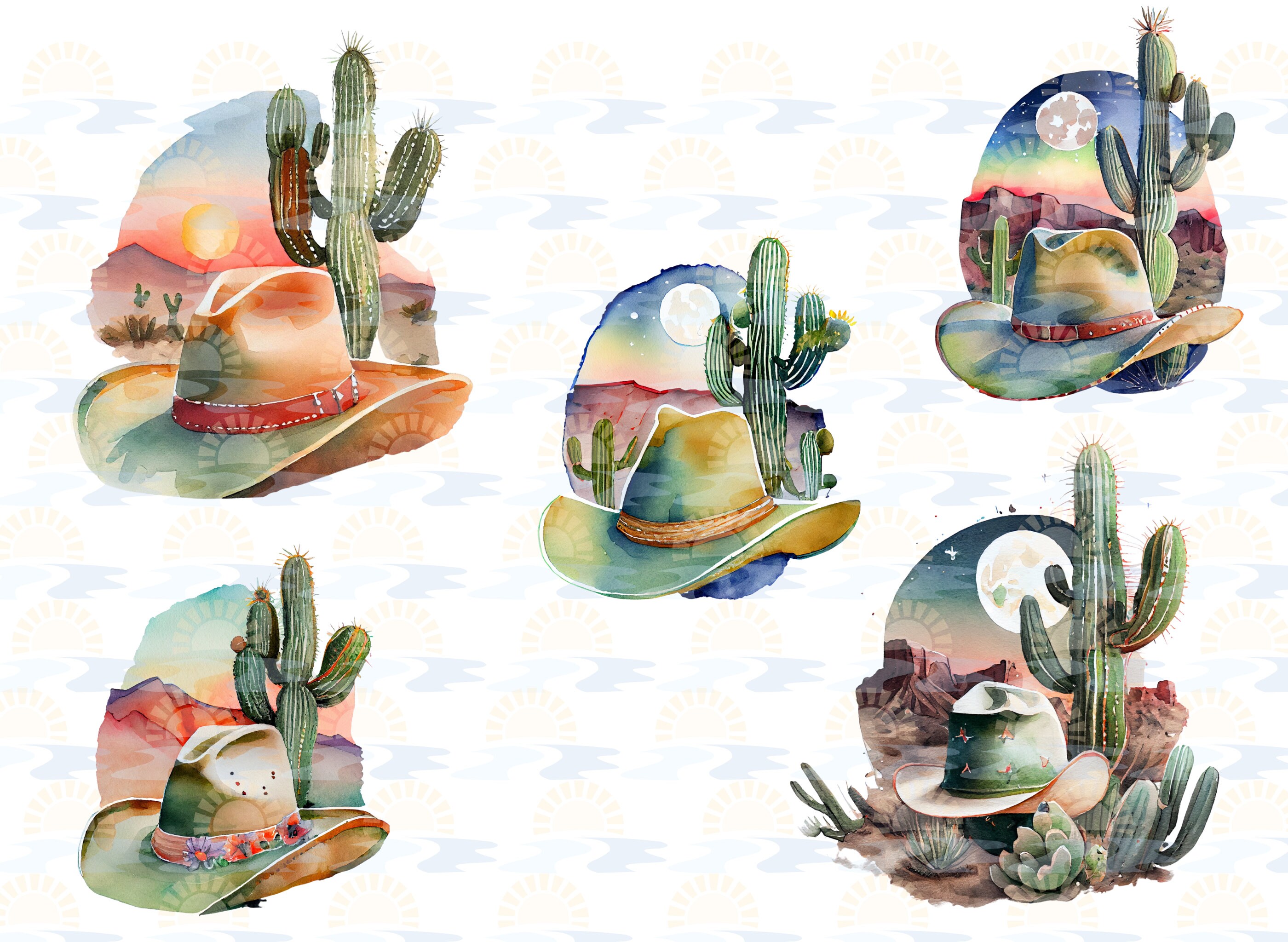 Watercolor Cactus Cowboy Hat Clipart Bundle of 20 - Transparent ...
