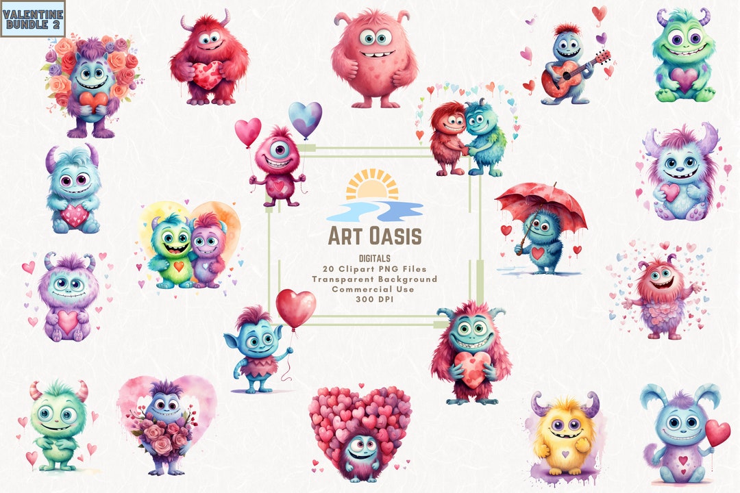 Valentine Cartoon Monster Watercolor Clipart – 20 PNG Graphics (digital ...