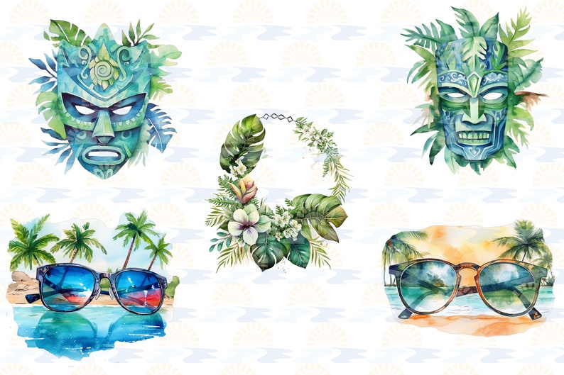 Watercolor Tropical Flower Frame Seashells Tiki Clipart Bundle - Etsy