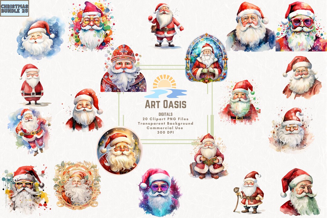 Watercolor Santa Claus Christmas Winter Holiday Clipart Bundle of 20 ...