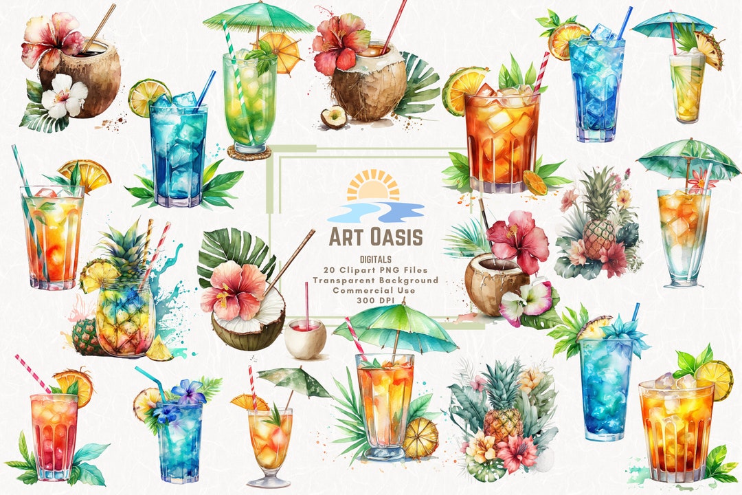 Watercolor Tropical Summer Cocktail Drinks Clipart Bundle of 20 ...
