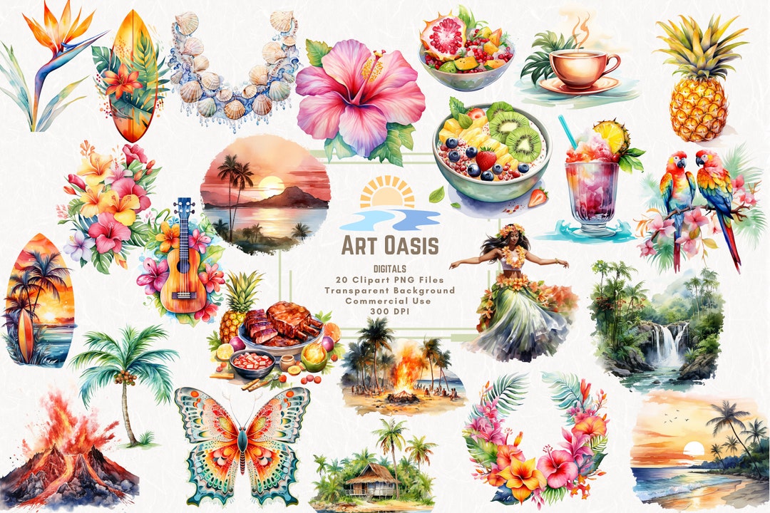 Watercolor Hawaiian Tropical Food Beach Luau Clipart Bundle of 20 ...