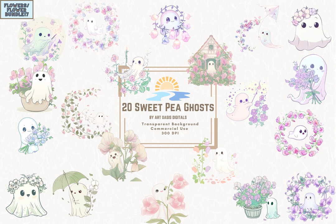 20 Sweet Pea Flowers and Ghosts Clipart Bundle, Birthmonth Flower ...