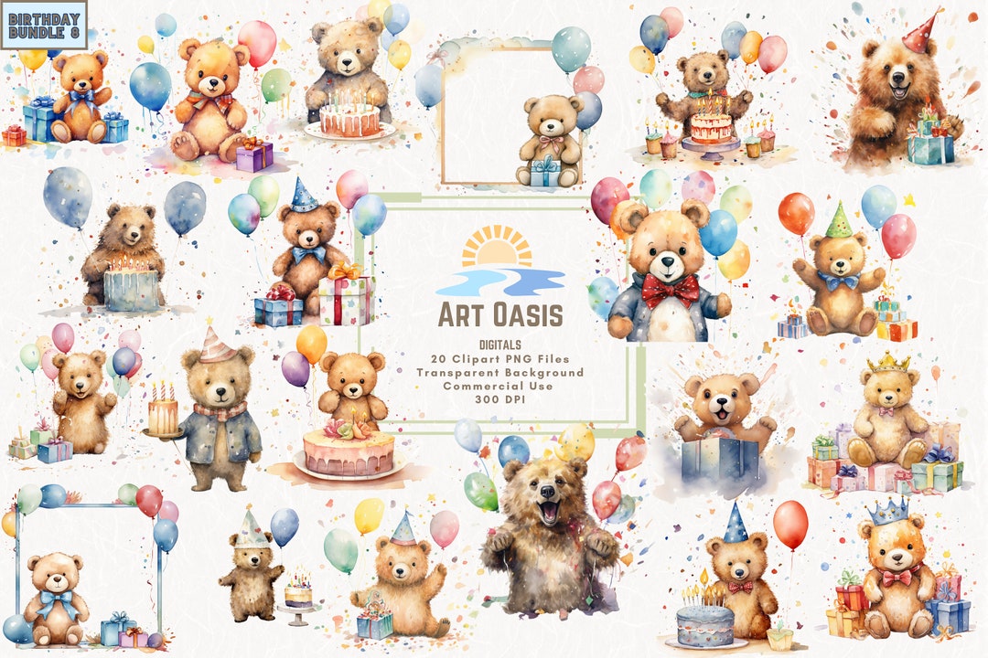 Watercolor Teddy Bear Birthday Party Cake Balloon Clipart Bundle of 20 ...