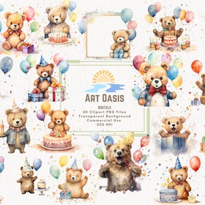 Watercolor Teddy Bear Birthday Party Cake Balloon Clipart Bundle of 20 ...