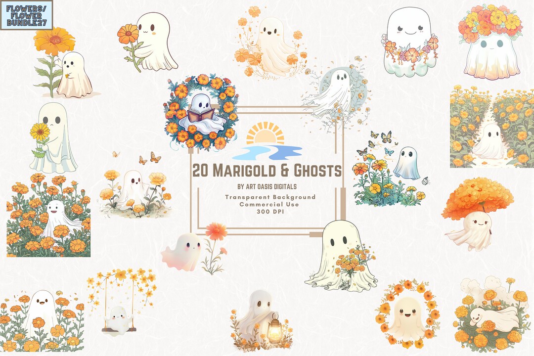 20 Marigold Flowers and Ghosts Clipart Bundle, Birthmonth Flower ...